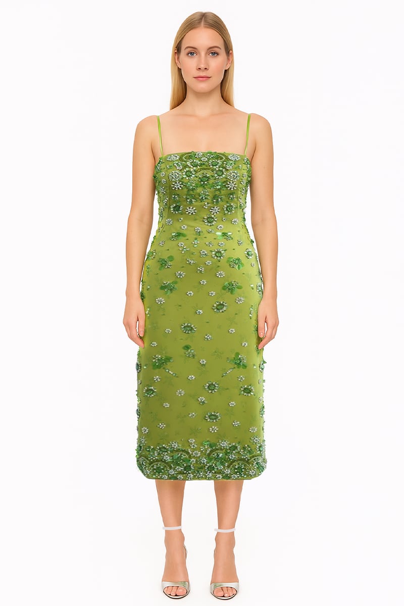 Verdant Bloom Embellished Midi Dress – Handmade Satin Beaded Gown
